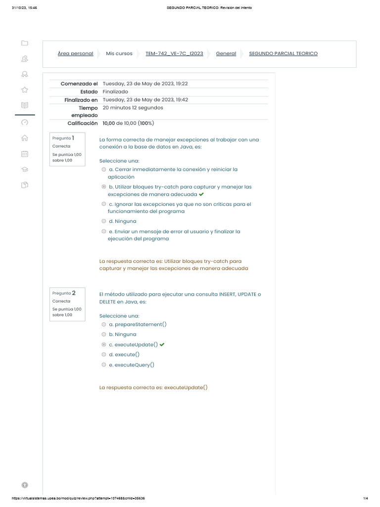 SEGUNDO PARCIAL TEORICO - Revisión Del Intento | PDF | Java (lenguaje de programación) | SQL