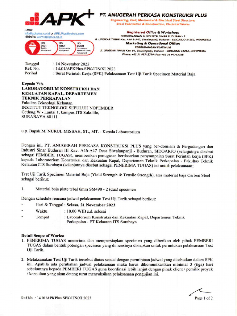 SPK - Its - Uji Tarik Material Pole Beam (Apaj.168) | PDF SPK - Its - Uji Tarik Material Pole Beam (Apaj.168) | PDF