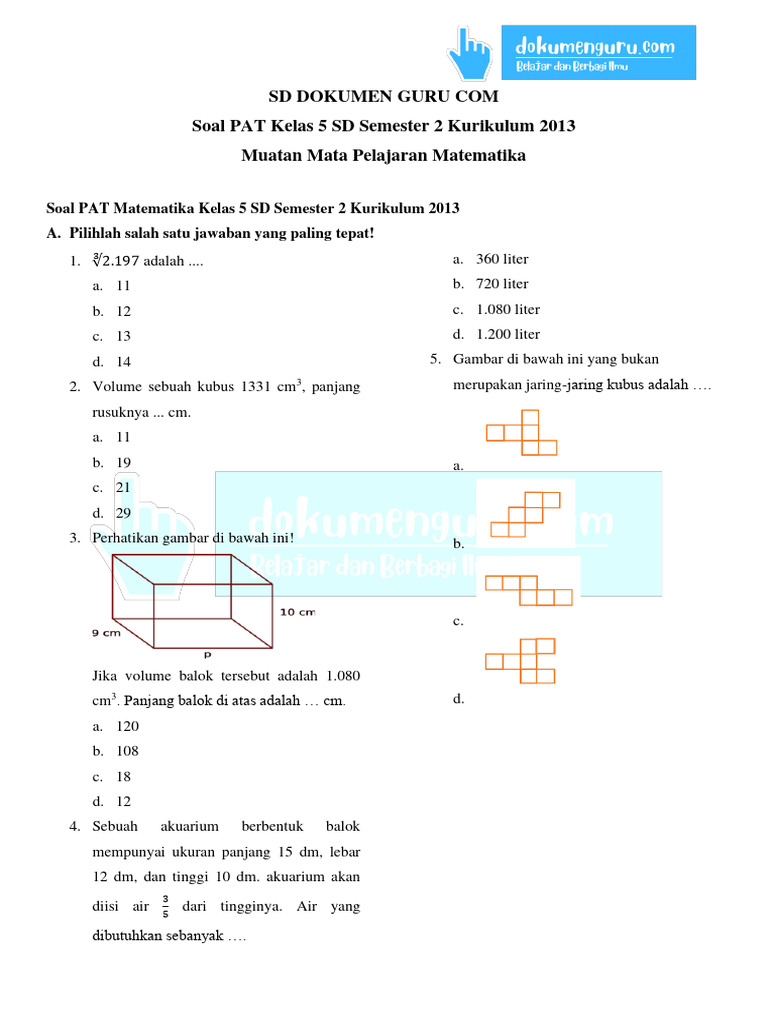 Soal PAT Matematika Kelas 5 SD Semester 2 Kurikulum 2013 | PDF