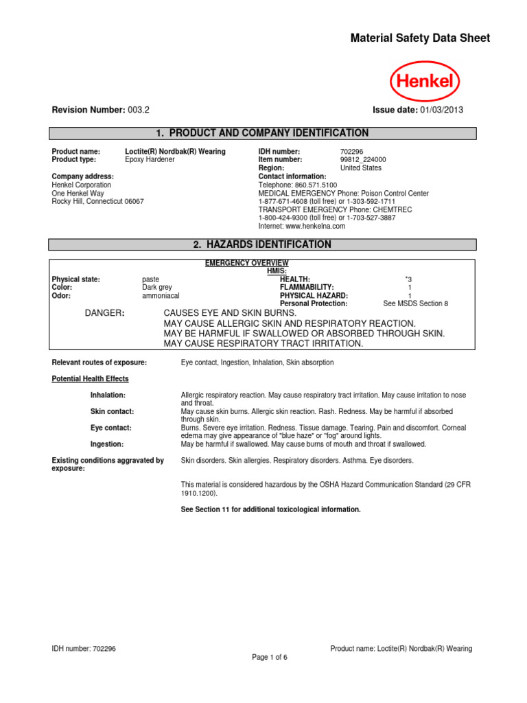MSDS Loctite Nordbak Wearing Compound Hardener | PDF | Magnesium | Allergy