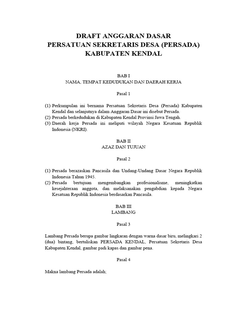 Anggaran Dasar Persada Kendal | PDF | Hukum
