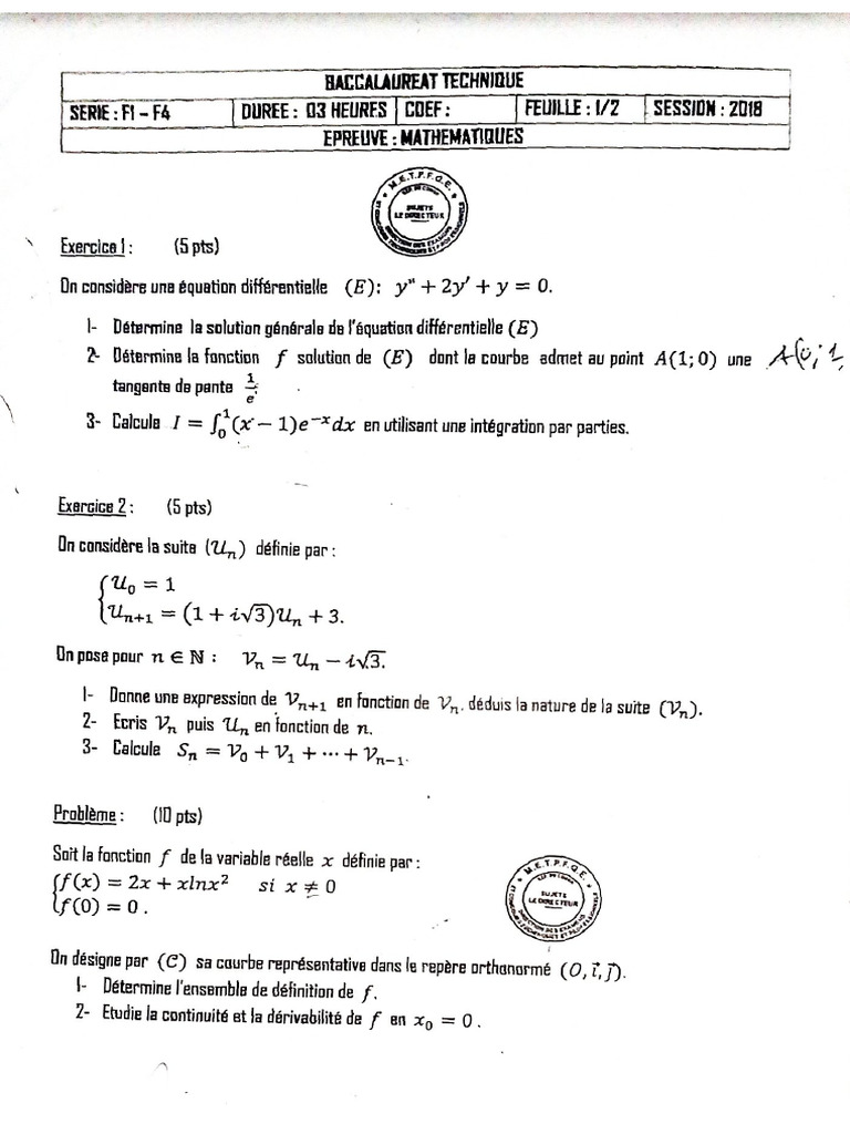 Bac F1 F4 2018 Mathématiques | PDF