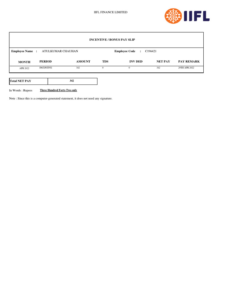 Incentive Bonus Payslip | PDF