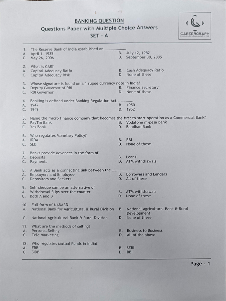 Banking Question Set A Pdf