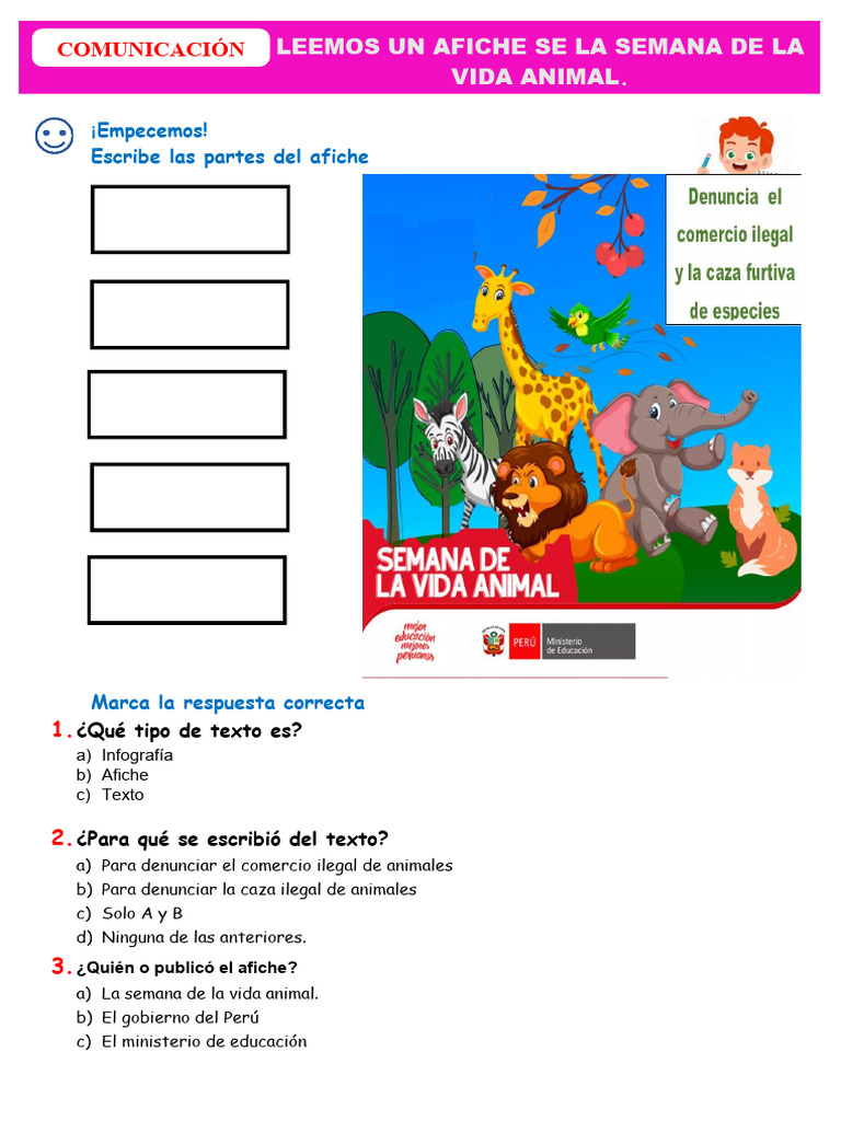 D3 A2 Ficha Com. Leemos Un Afiche Se La Semana de La Vida Animal. | PDF | Juegos y actividades