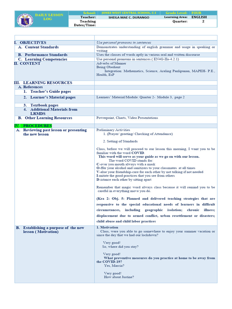 COT English 4 | PDF | Teachers | Science Education