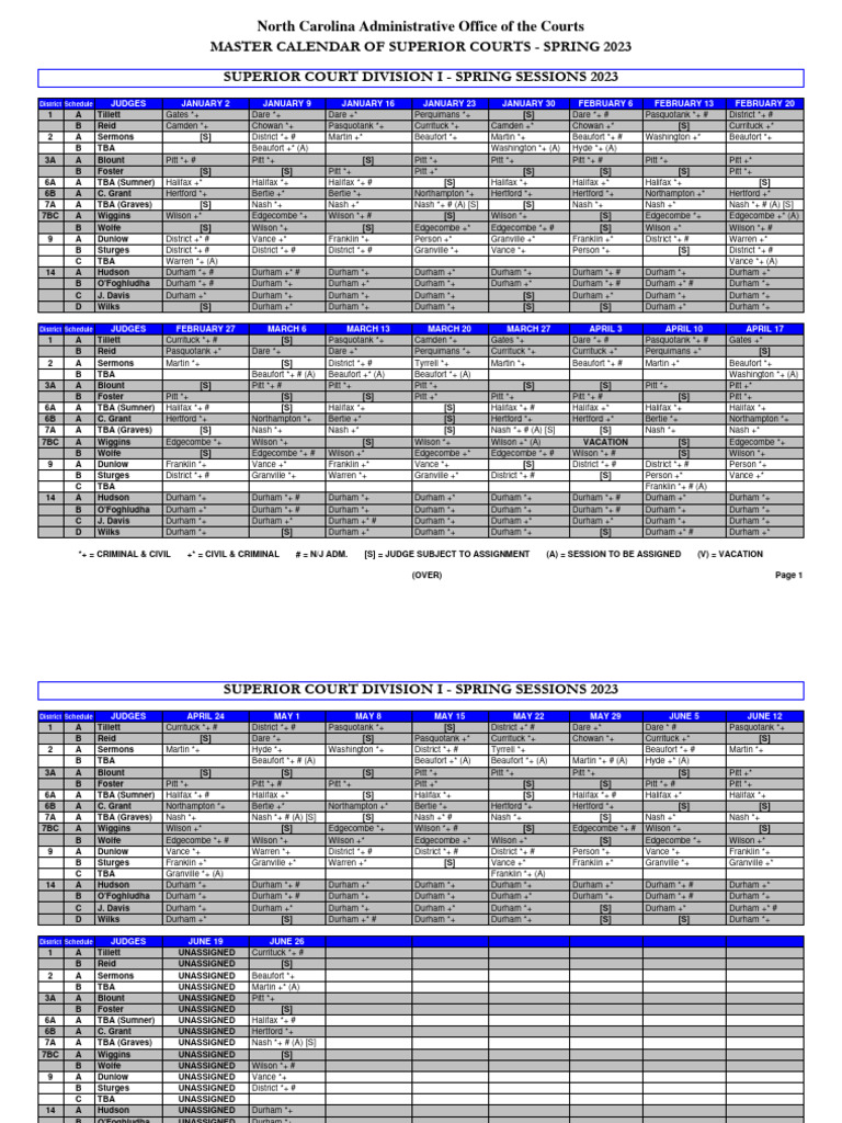 NC Superior Court Spring 2023 Schedule | PDF