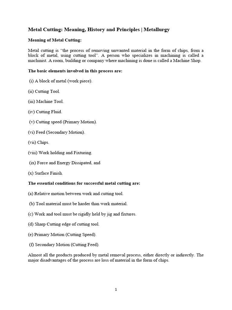 Metal Cutting Meaning, History and Principles Metallurgy | PDF ...
