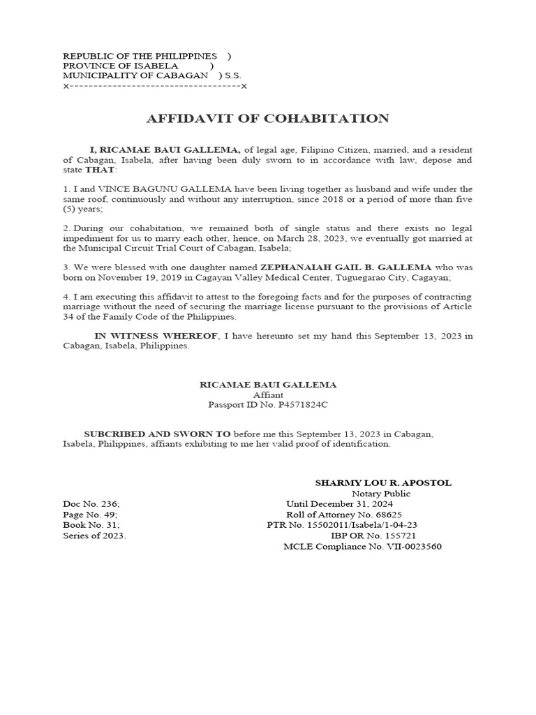 Affidavit of Cohabitation | PDF | Affidavit | Social Institutions