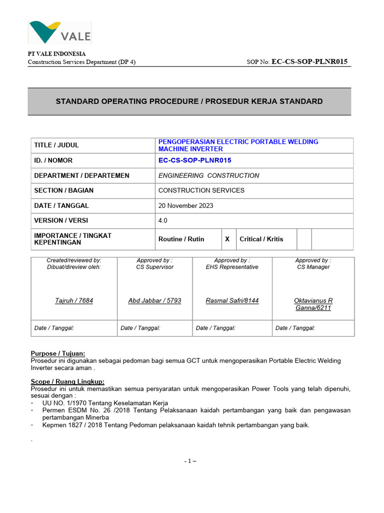 SOP - Electric Portable Welding Machine Invertec1 | PDF