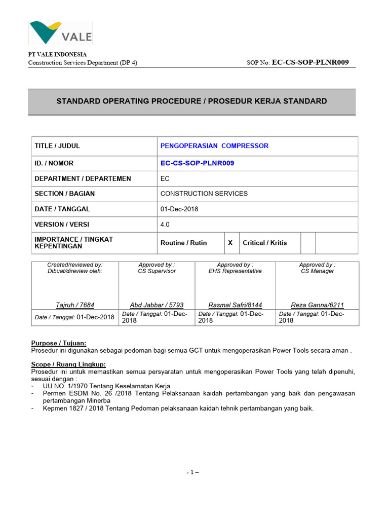 SOP Pengoperasian Compressor PT Vale | PDF | Teknologi & Rekayasa