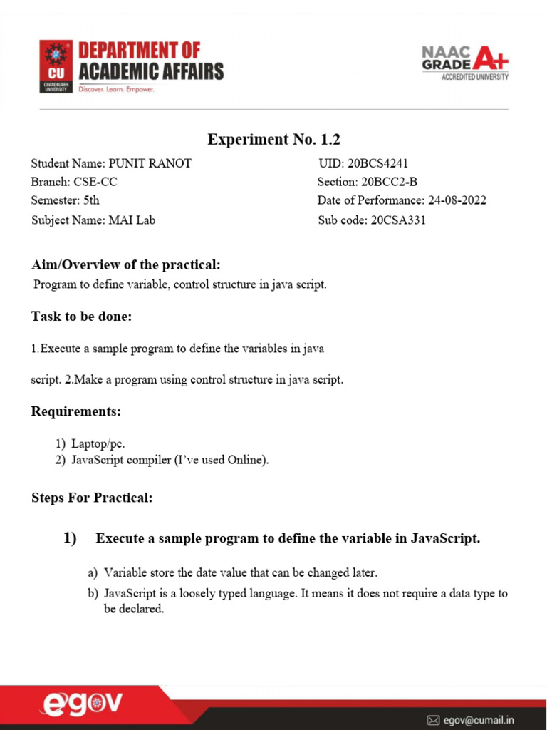 20BCS4241 Mai Lab Worksheet 1.2 Punit | PDF | Control Flow | Java Script
