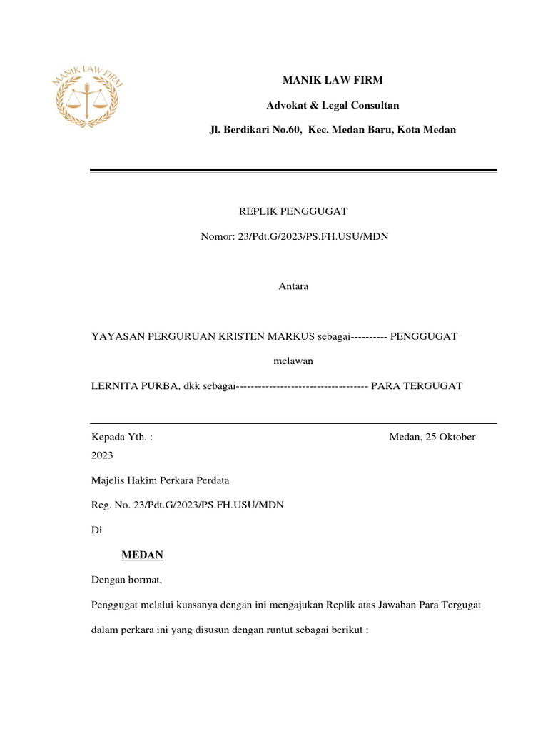 Replik - Penggugat Perdata | PDF