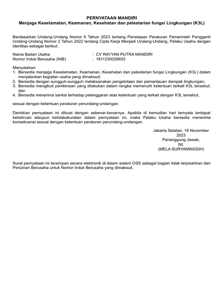 Pernyataan Mandiri K3L Cv. Rayyan Putra Mandiri | PDF