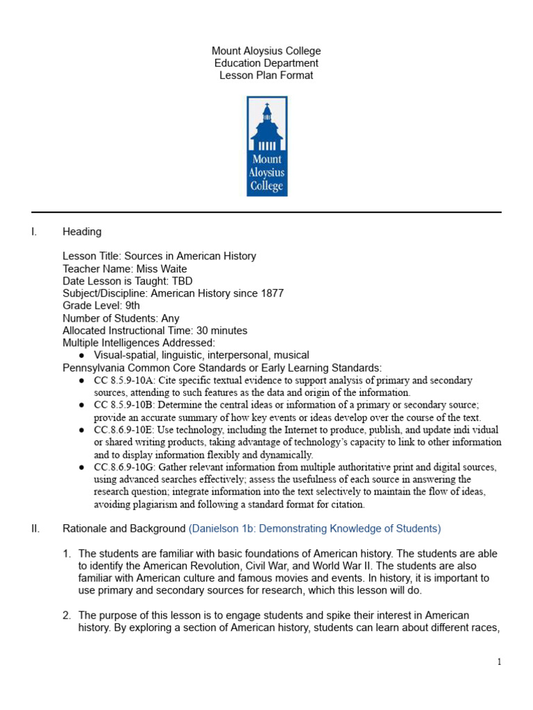 Csit 301 Lesson Plan 1 | PDF | Teachers | Learning