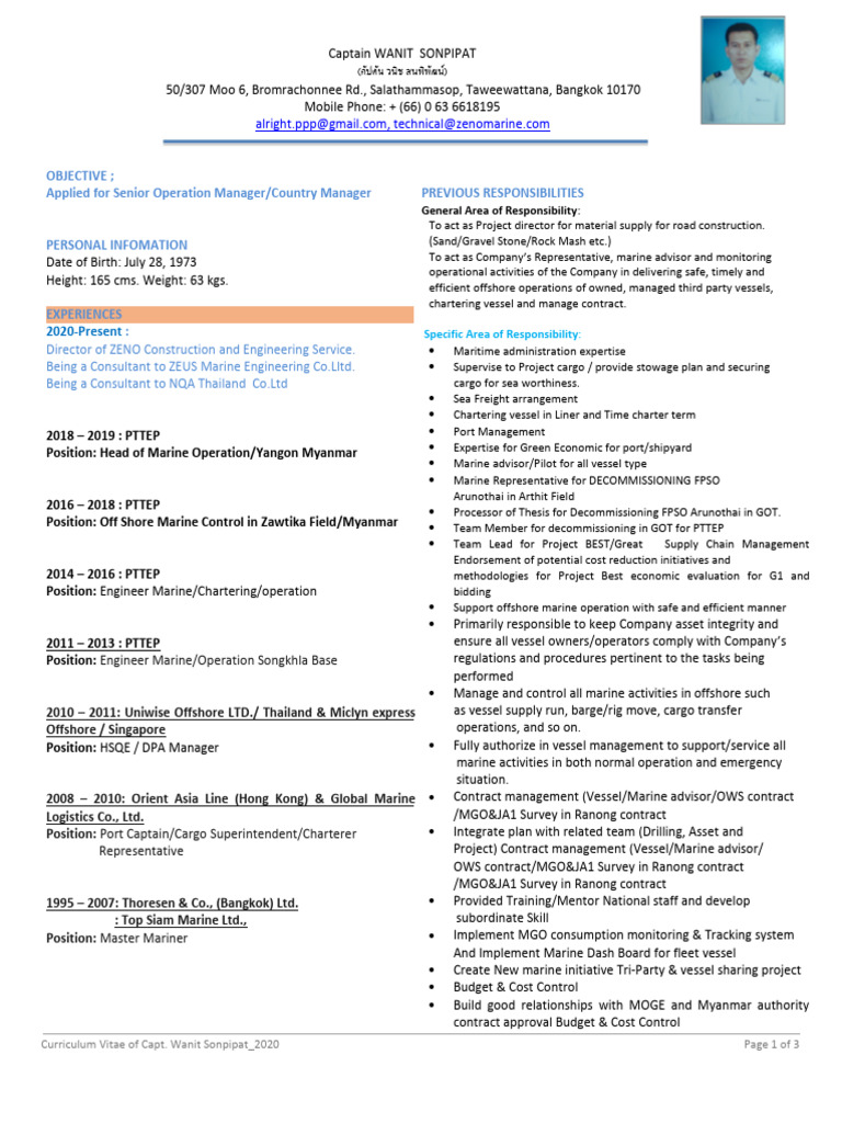 Capt - Wanit S's CV-20210310 | PDF | United States Merchant Marine | Cargo