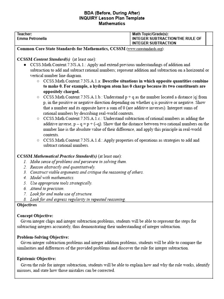 Integer Subtraction Lesson Plan For Website | PDF | Subtraction ...