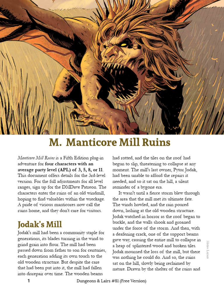 DMDave - Dungeons & Lairs 81 - Manticore Mill Ruins - Free Version | PDF DMDave - Dungeons & Lairs 81 - Manticore Mill Ruins - Free Version | PDF