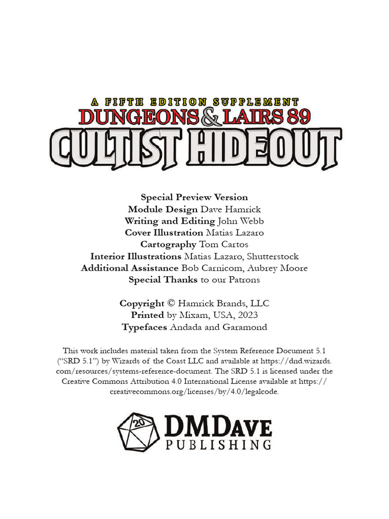 DMDave and JKW - Dungeons & Lairs 89 - Cultist Hideout - Preview | PDF ...