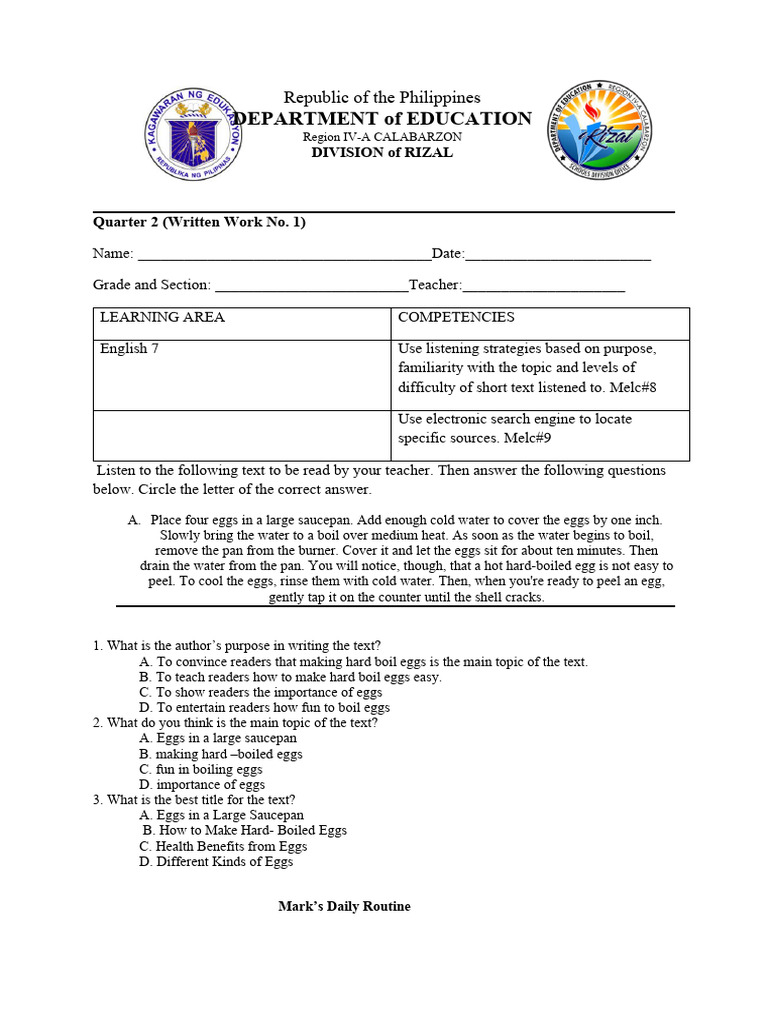 Grade 7 - Q2 - WW1 - w4 | PDF | Pie Chart | Chart