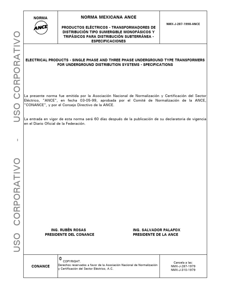 nmx-j-287-ance | PDF | Transformador | Aislador (Electricidad)