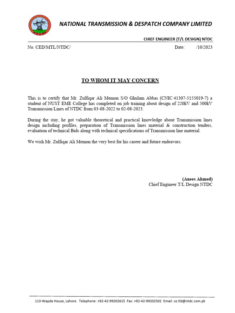 NTDC Training Certificate for Zulfiqar Memon | PDF