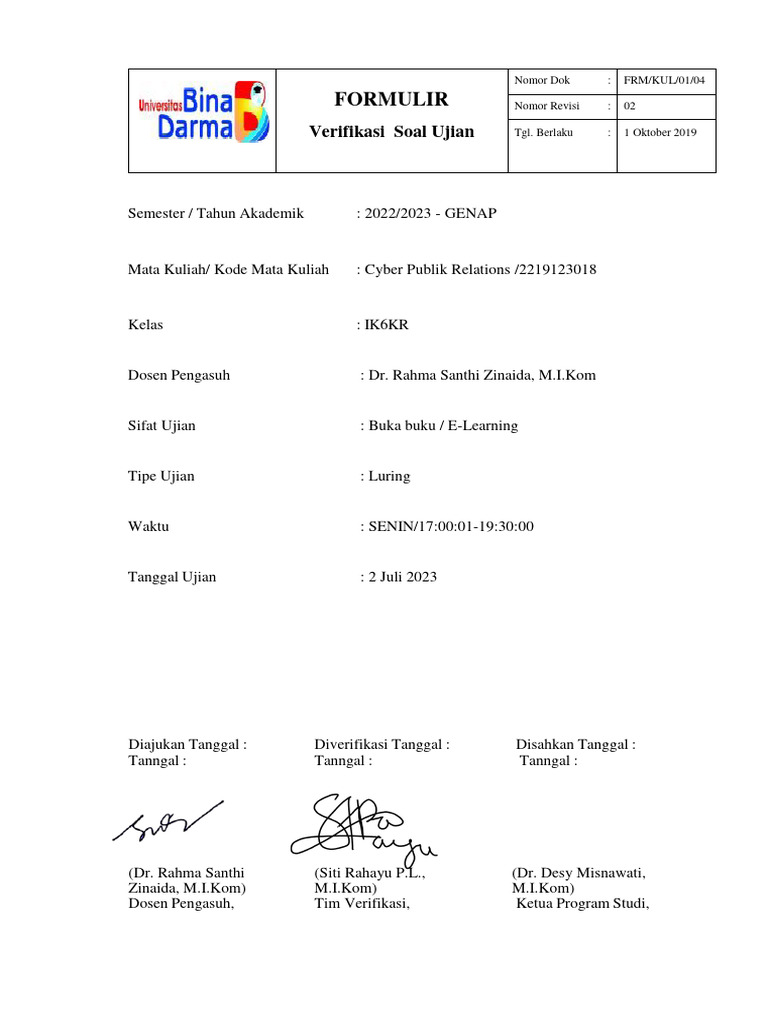 Verifikasi Soal UAS Dan Format Lembar Soal UAS - 2023 CYBER PR - RAHMA | PDF