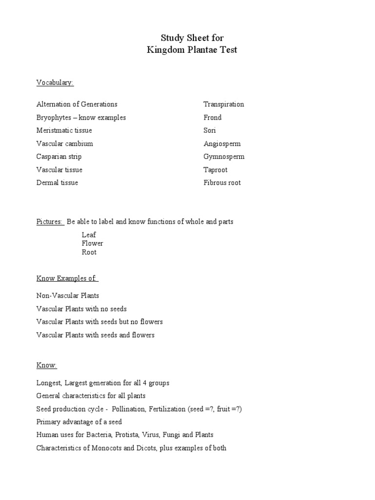 Study Sheet For Plant Test | PDF | Plants | Seed
