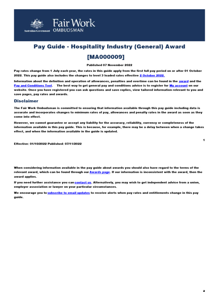 Hospitality Industry General Award Ma000009 Pay Guide 3 | PDF | Annual ...