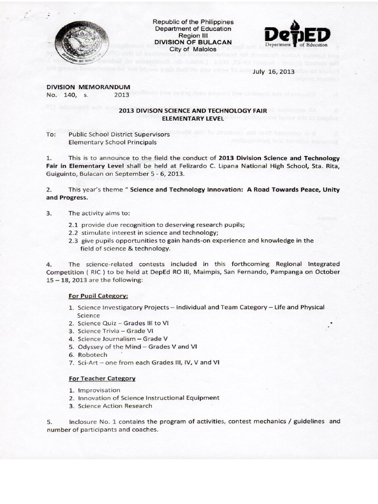 DMno140s2013 DIVISION SCIENCE AND TECHNOLOGY FAIR ELEMENTARY LEVEL | PDF