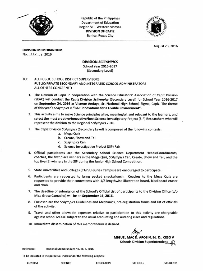 117 Division Scilympics SY 2016-2017 (Secondary Level) | PDF