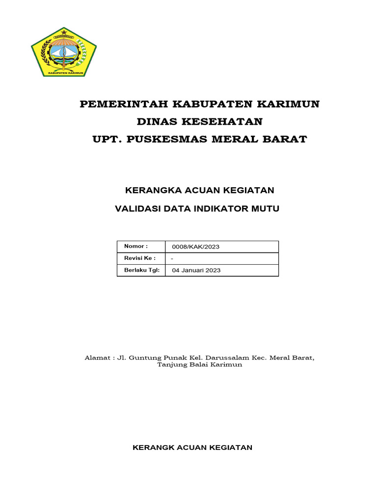 KAK Validasi Data Indikator Mutu | PDF