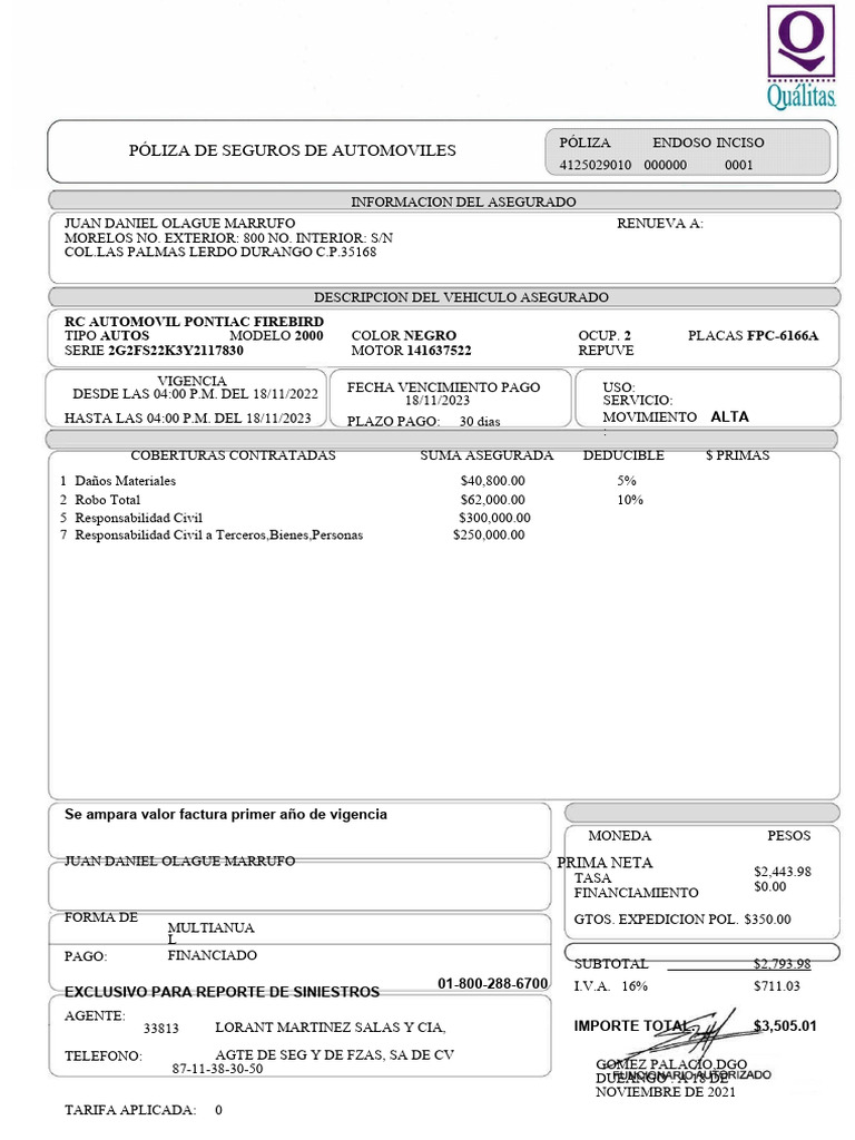 Póliza de Seguro de Auto Pontiac 2000 | PDF | Póliza de seguros | Seguro