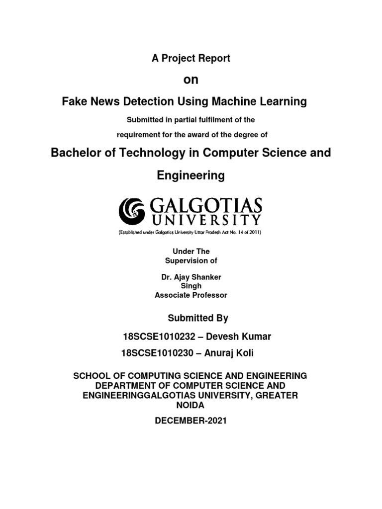 Fake News Detection Using Machine Learning MINI REPORT Computer Science ...