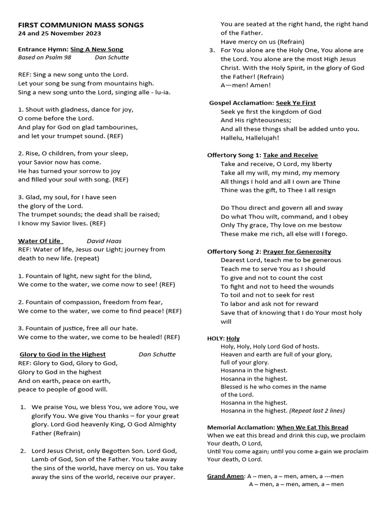 First Communion Songs - 25 and 26 November 2023 | PDF | Glory (Religion ...