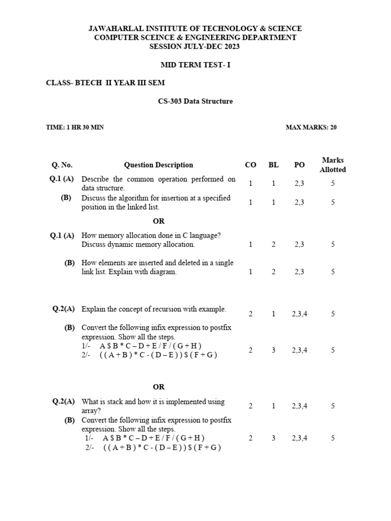 Mid Term Exam Q. Paper | PDF | Mathematical Relations | Algorithms And Data Structures