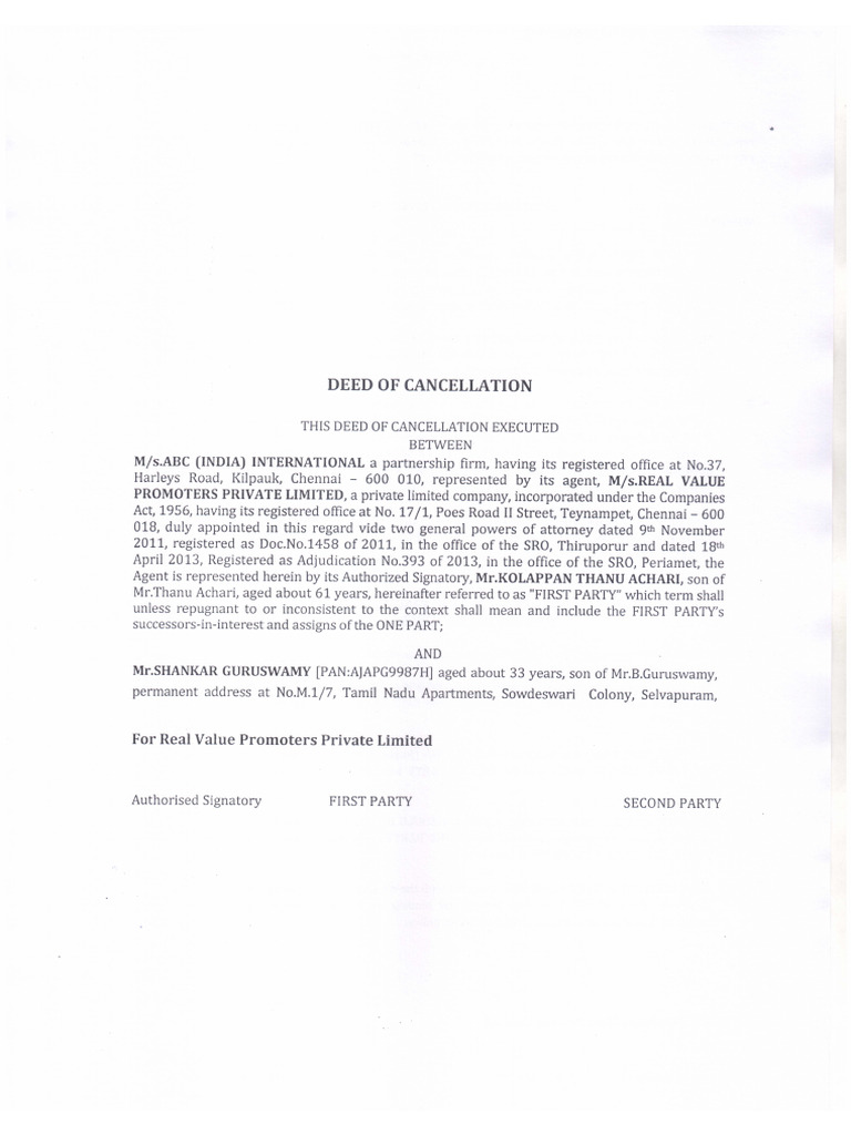 Deed of Cancellation (Draft) 1 | PDF