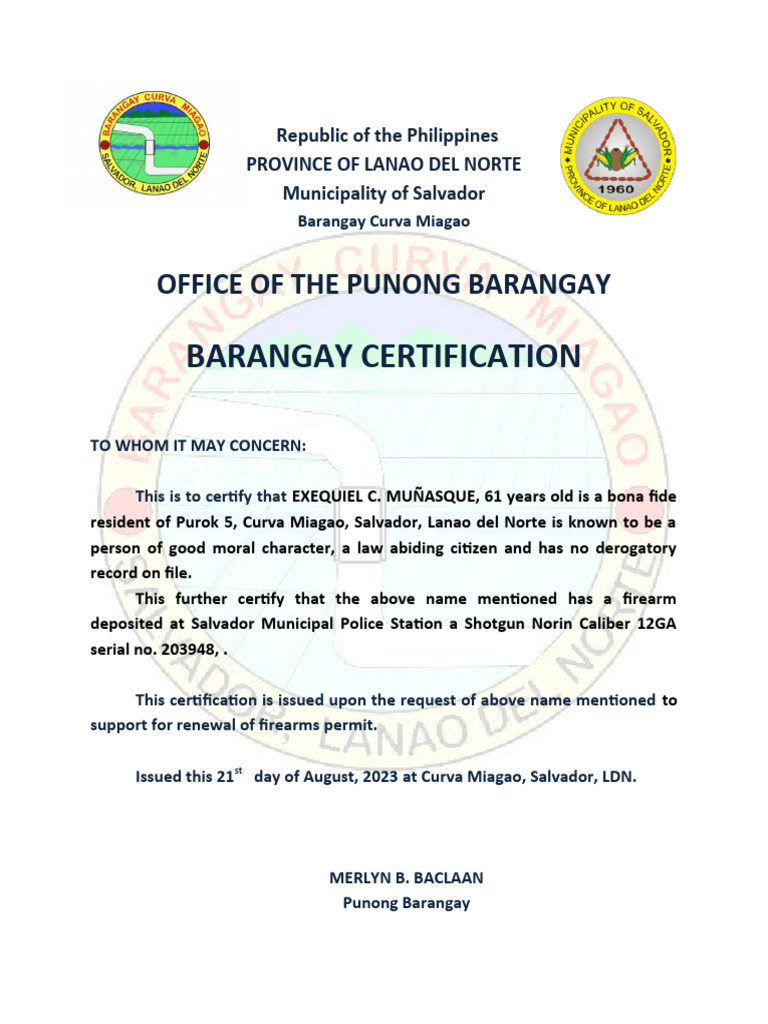 Barangay Certification for Gun Permit Renewal | PDF