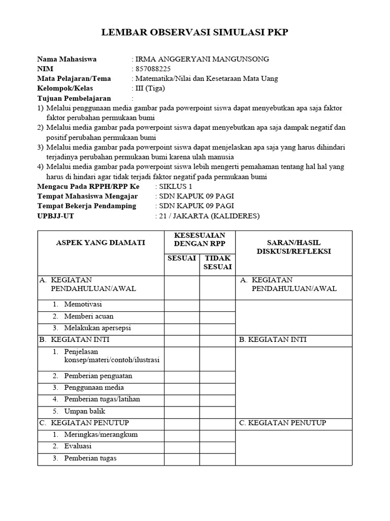 Lembar Observasi Simulasi PKP - Siklus 1 - Irma | PDF