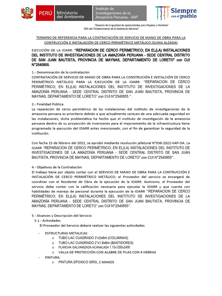 TDR Servicio de CERCO METÁLICO | PDF | Perú TDR Servicio de CERCO METÁLICO | PDF | Perú