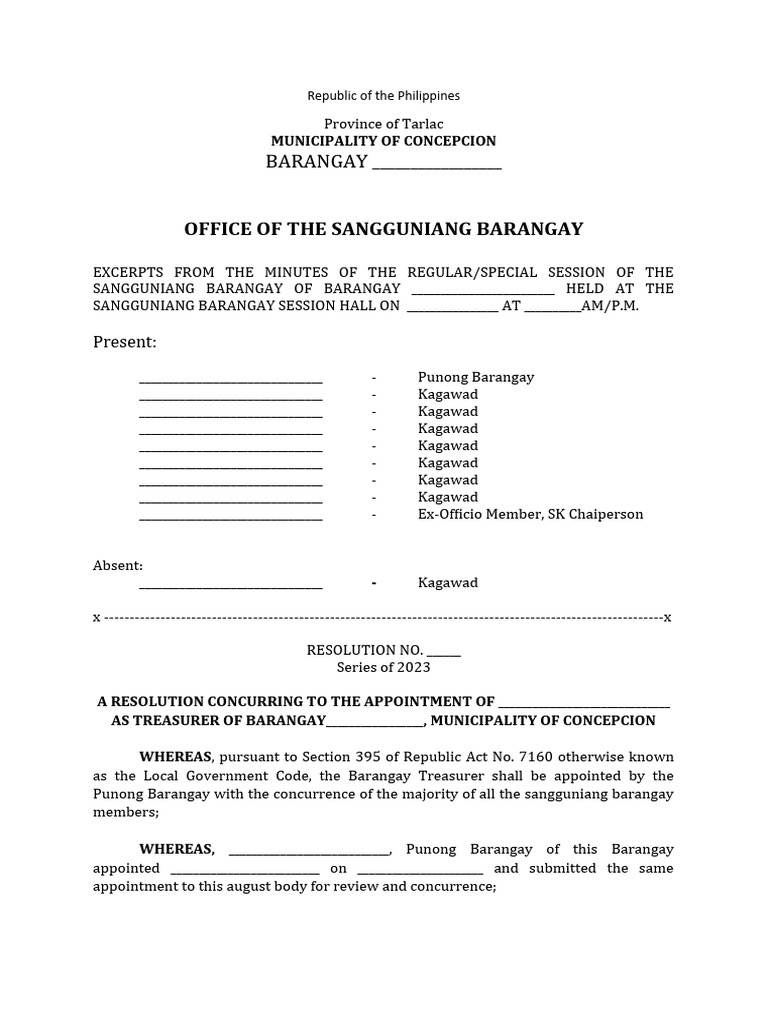 Resolution On The Appointment of Barangay Treasurer | PDF | Government ...