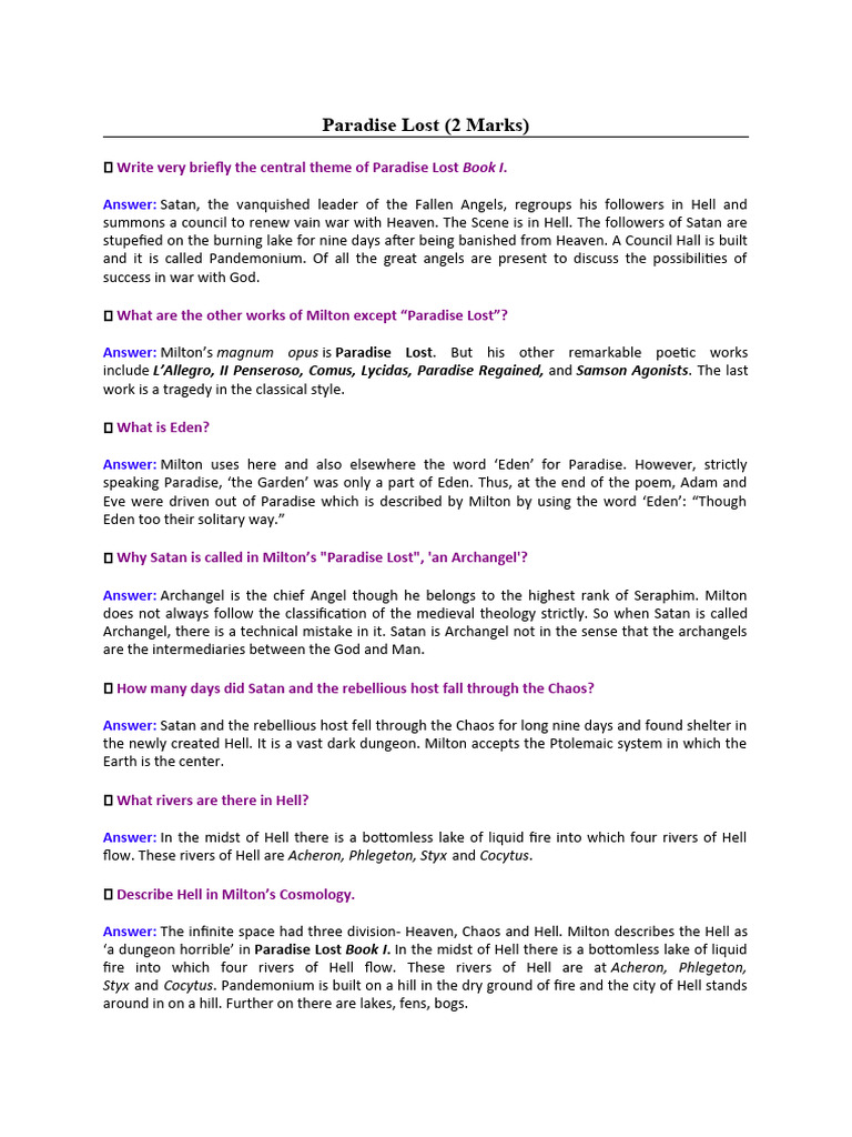 Paradise Lost (2marks) | PDF | Paradise Lost | Moses