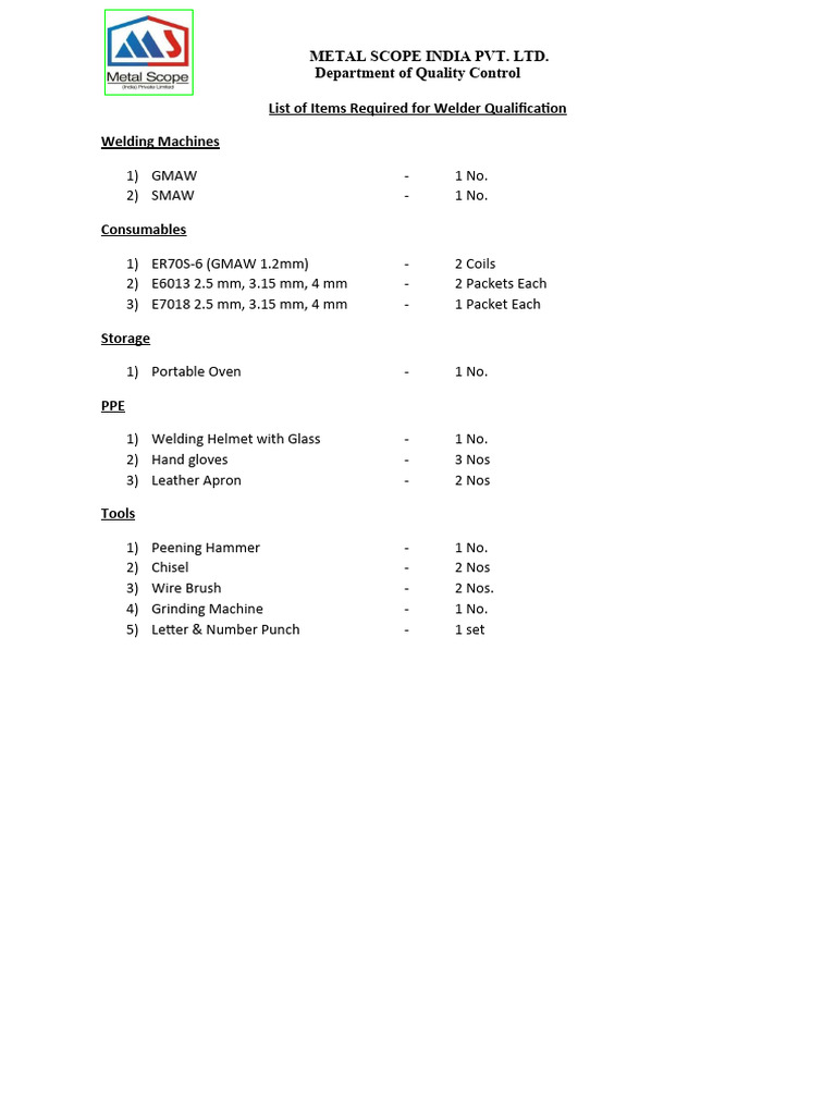 Welder Qualification Equipment List | PDF | Technology & Engineering