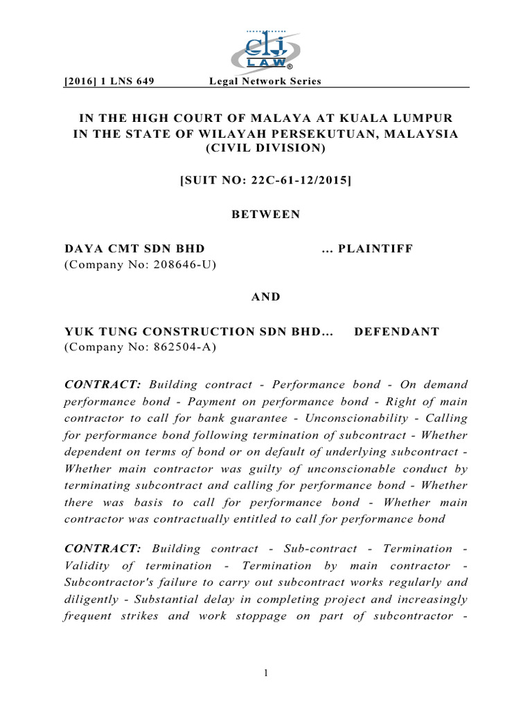 Daya CMT SDN BHD V Yuk Tung Construction SDN BHD | PDF | Guarantee ...