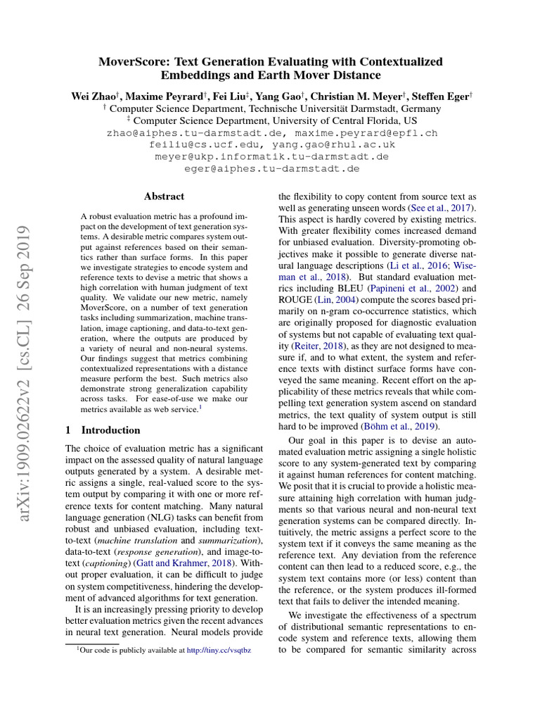 Moverscore: Text Generation Evaluating With Contextualized Embeddings and Earth Mover Distance ...