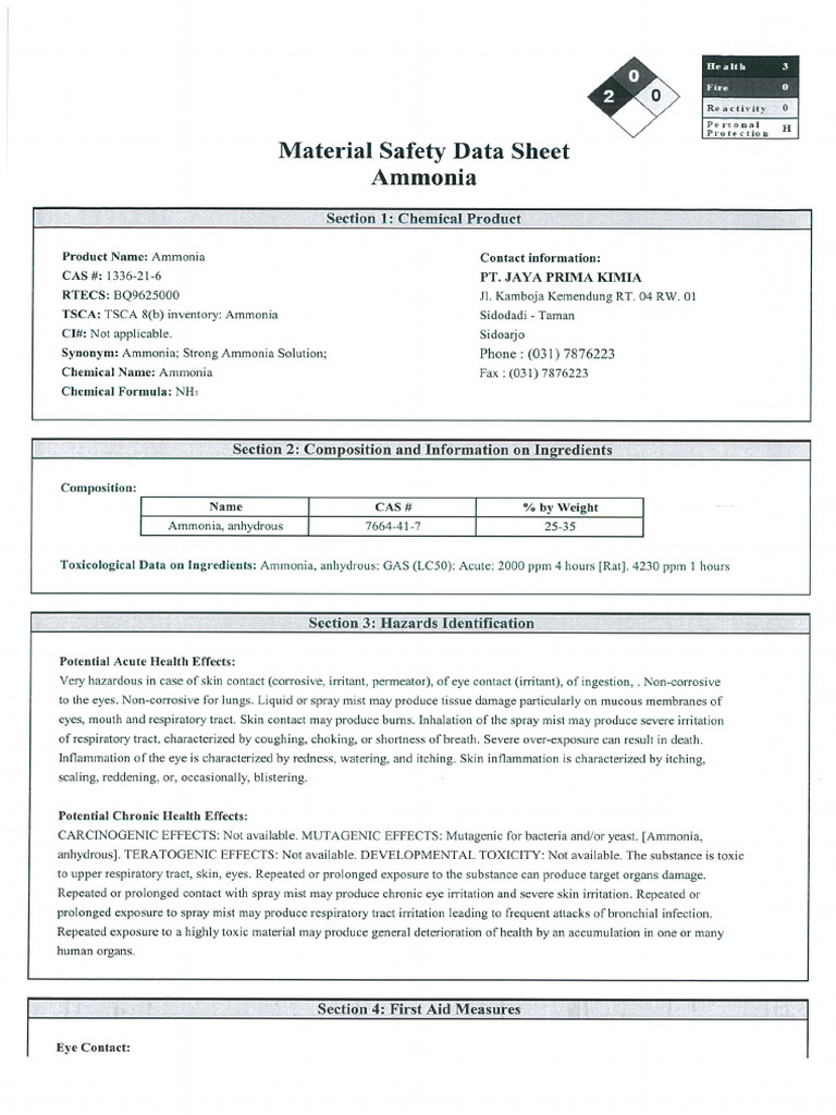 Ammonia MSDS | PDF