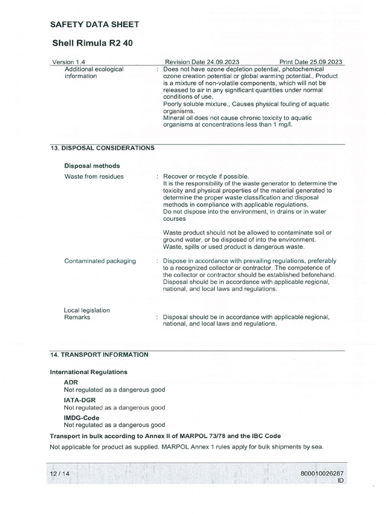 Shell Rimula R2 40 MSDS | PDF