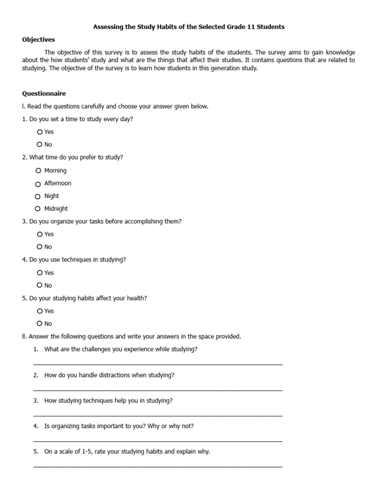 Assessing The Study Habits of The Selected Grade 11 Students | PDF ...