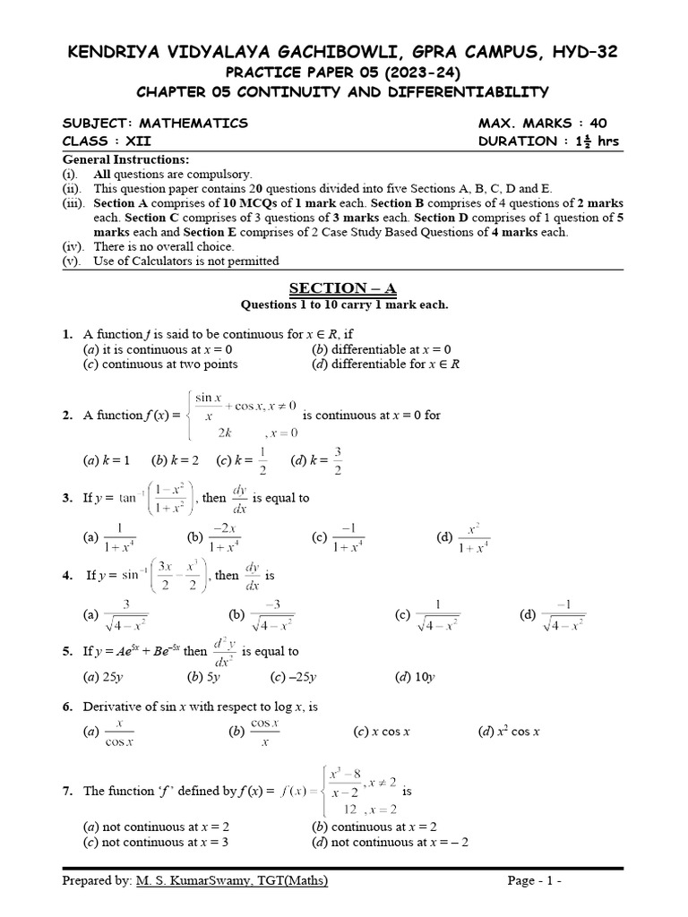 Maths Class Xii Chapter 05 Continuity and Differentiability Practice Paper 05 | PDF | Function ...