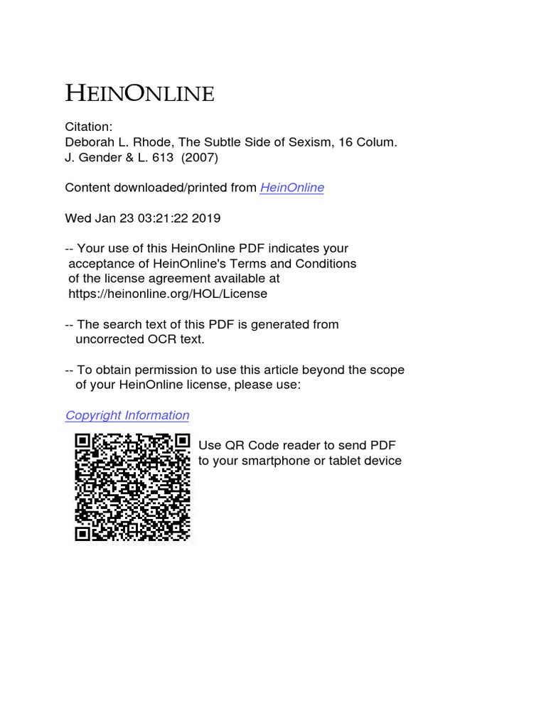 Deborah LRhode The Subtle Sid | PDF | Sexism | Stereotypes